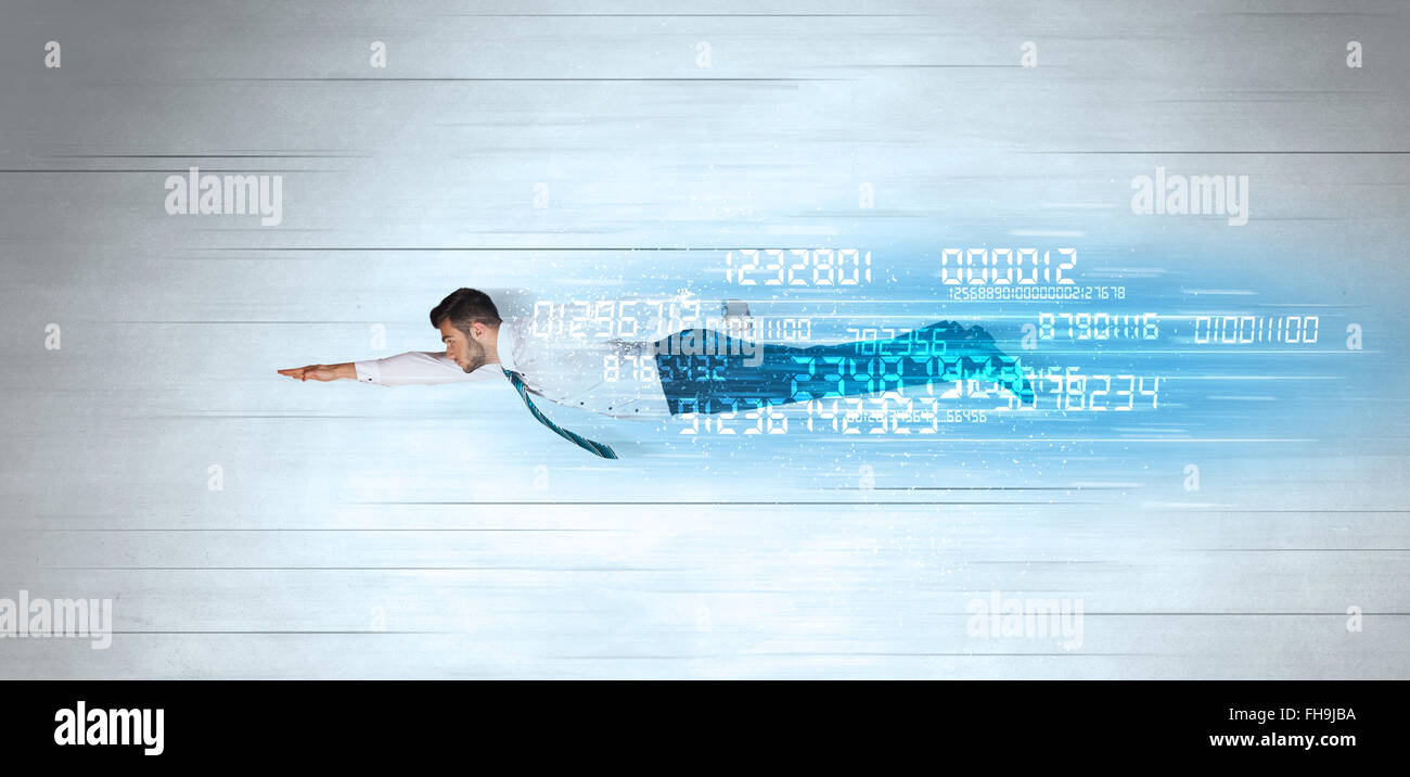 Businessman flying super fast with data numbers left behind Stock Photo ...
