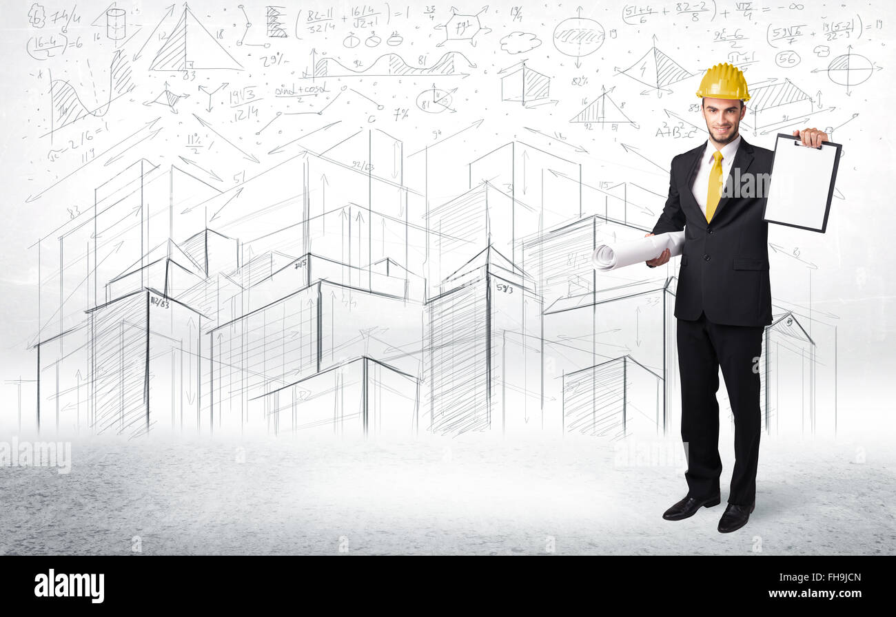 Handsome construction specialist with city drawing in background Stock ...