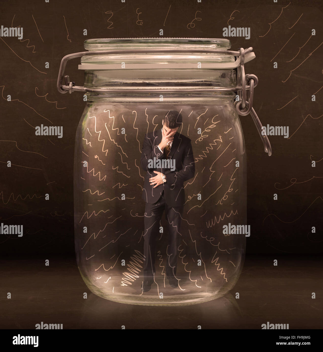 Businessman inside a jar with powerful hand drawn lines concept Stock ...