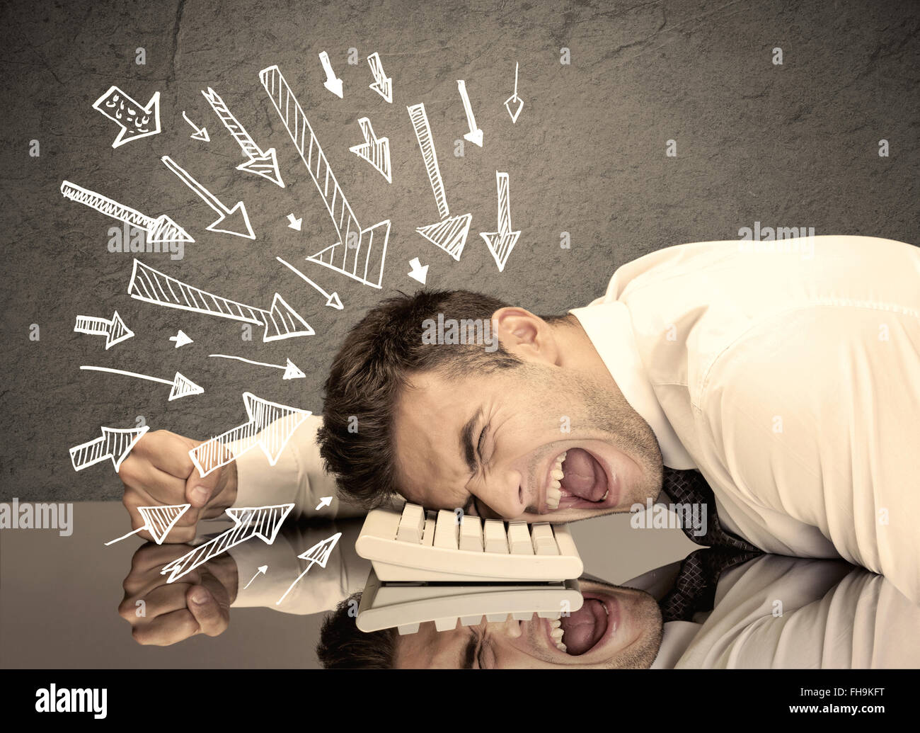 Arrows pointing at sad office worker Stock Photo - Alamy