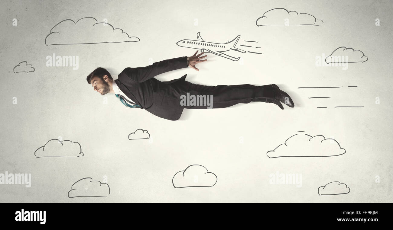 Cheerful business person flying between hand drawn sky clouds Stock ...