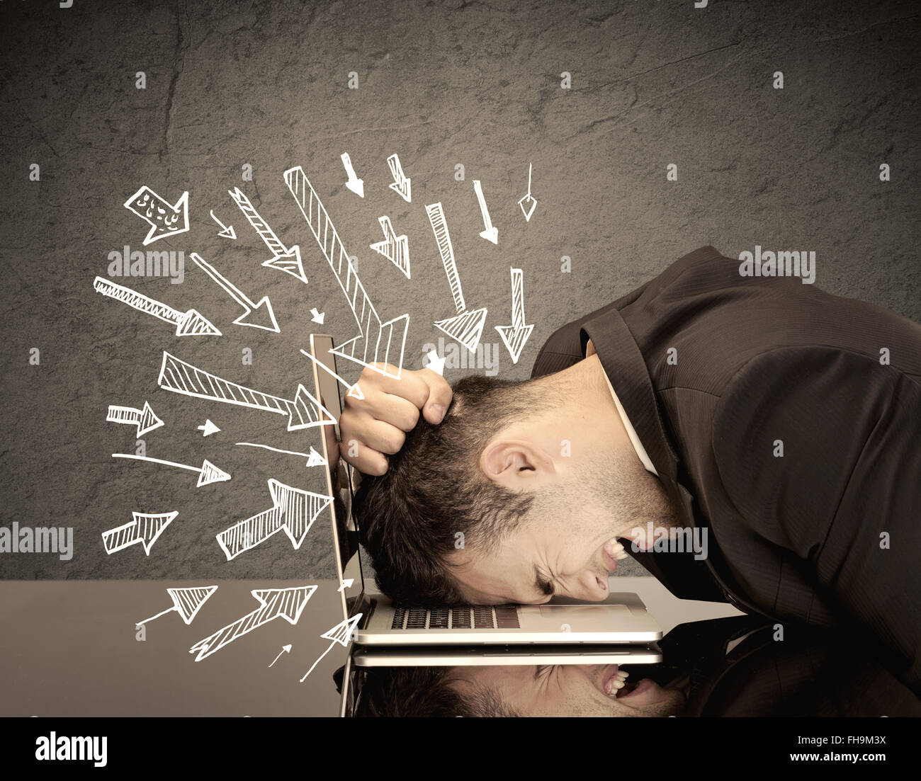 Arrows pointing at sad office worker Stock Photo - Alamy