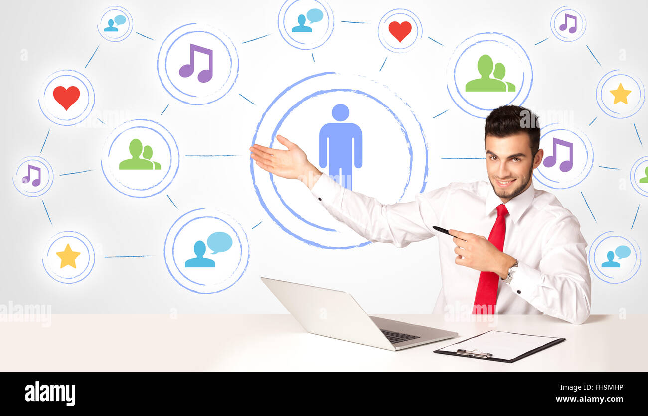 Business man with social media connection background Stock Photo - Alamy