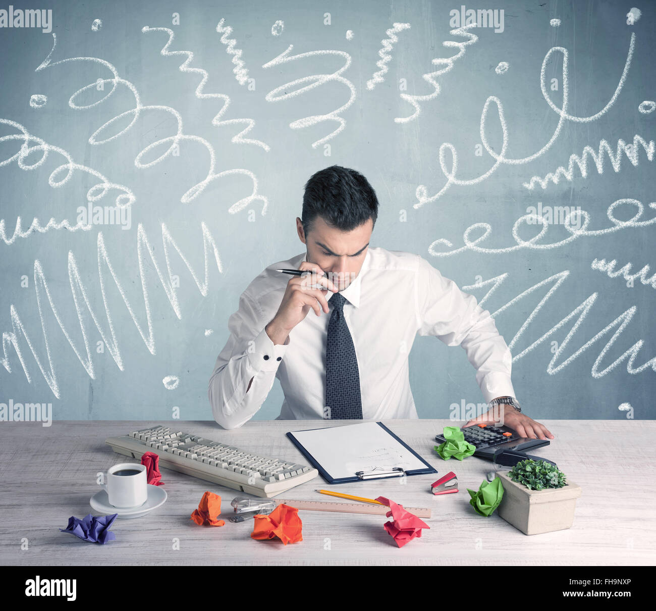 Tired office worker with drawn messy lines Stock Photo - Alamy