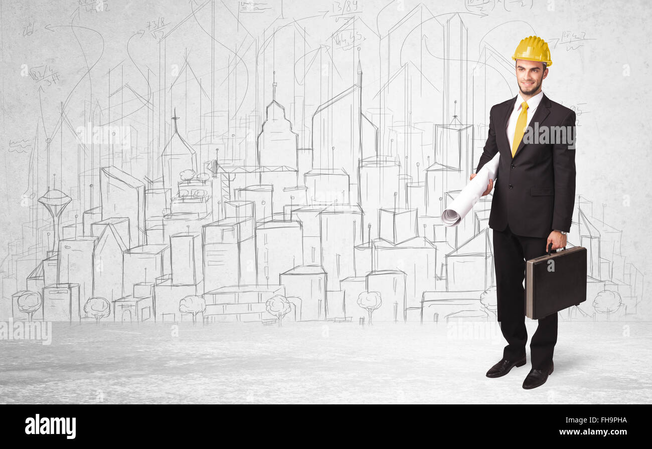 Construction worker with cityscape background Stock Photo - Alamy