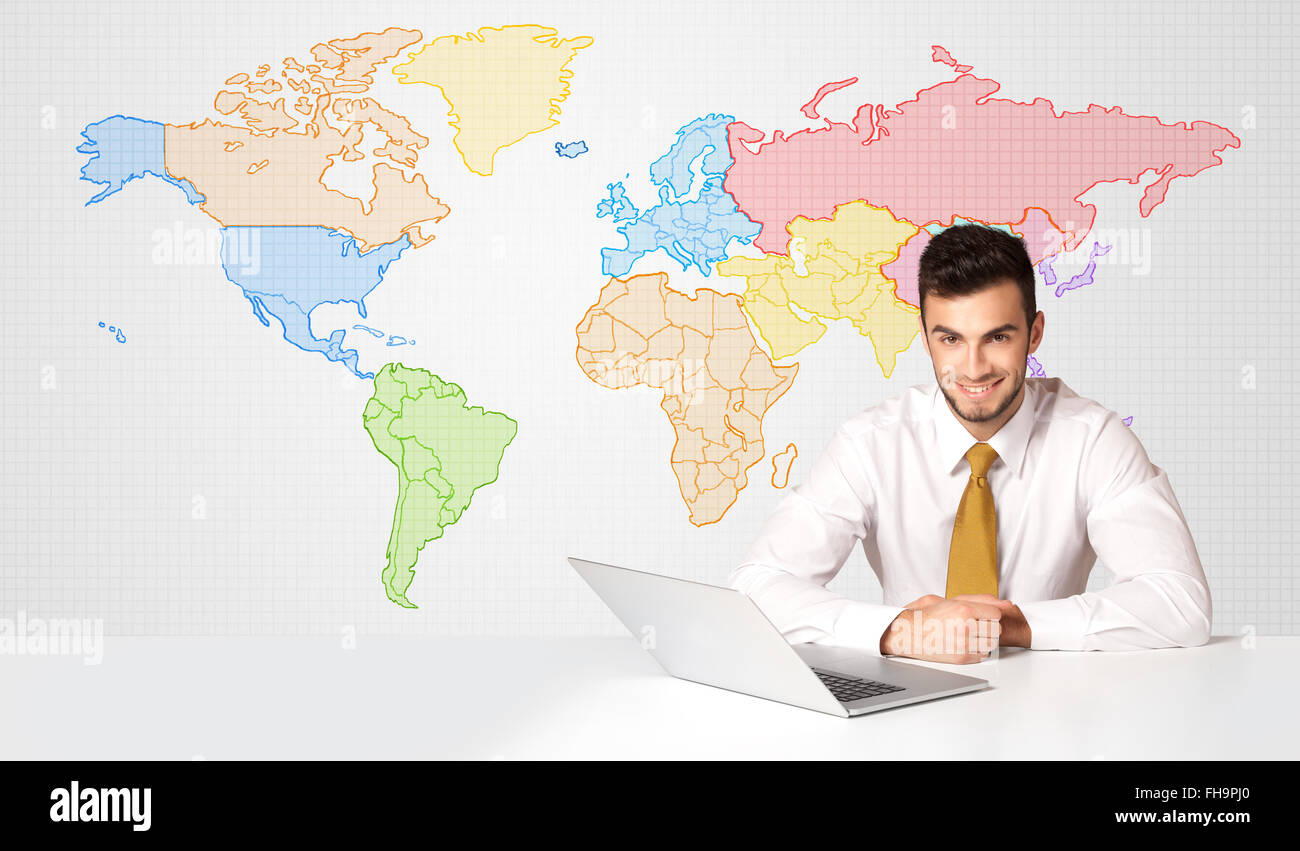 Business man with colorful world map background Stock Photo - Alamy