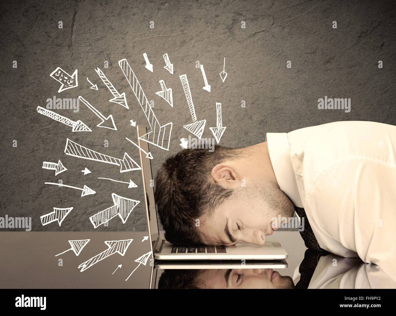 Arrows pointing at sad office worker Stock Photo - Alamy