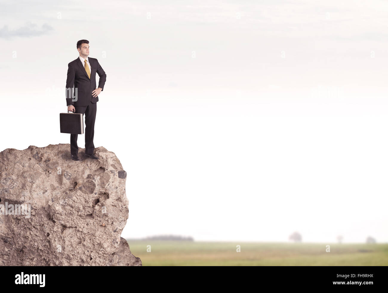 Happy salesman on cliff in the country Stock Photo - Alamy