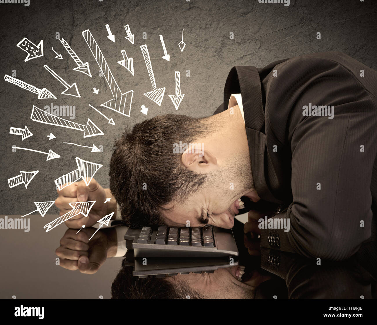 Arrows pointing at sad office worker Stock Photo - Alamy
