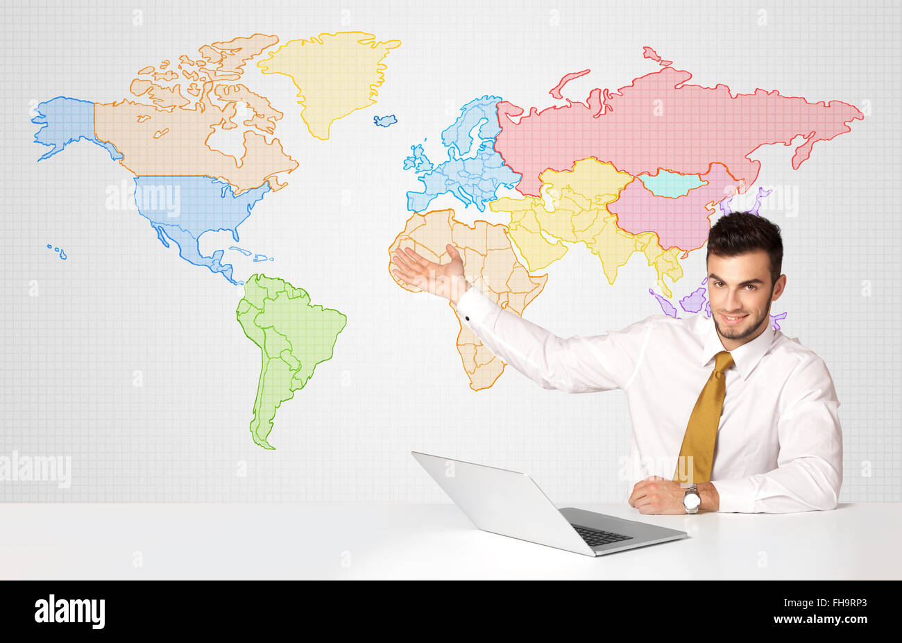 Business man with colorful world map background Stock Photo - Alamy