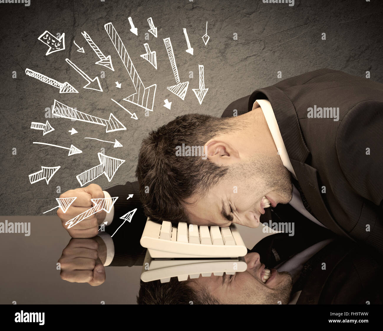 Arrows pointing at sad office worker Stock Photo - Alamy