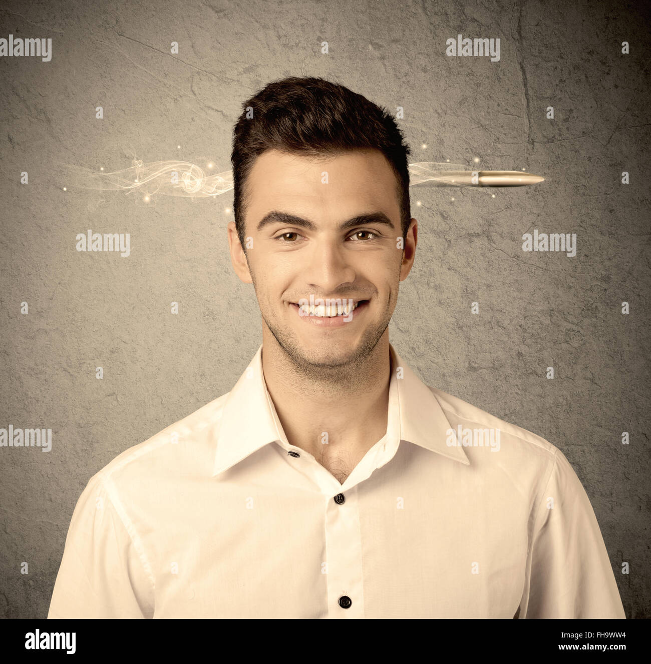 Fast creative sales guy with smoking bullet Stock Photo - Alamy