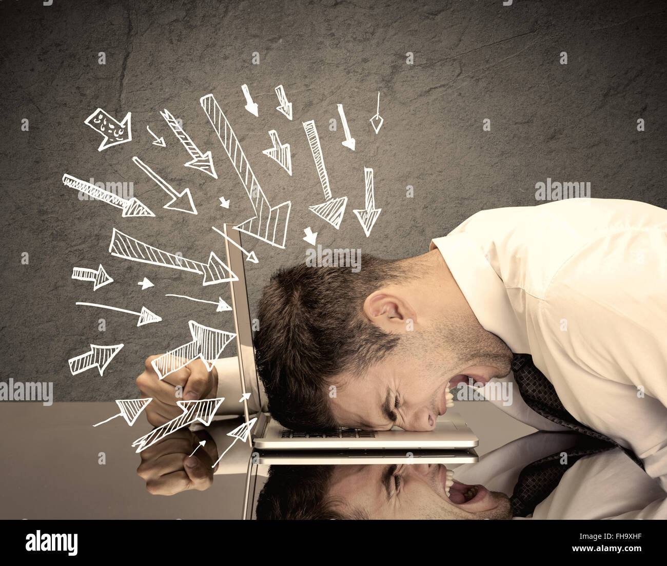 Arrows pointing at sad office worker Stock Photo - Alamy