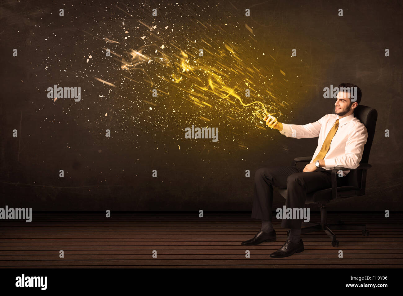 Businessman with tablet and energy explosion on background Stock Photo ...