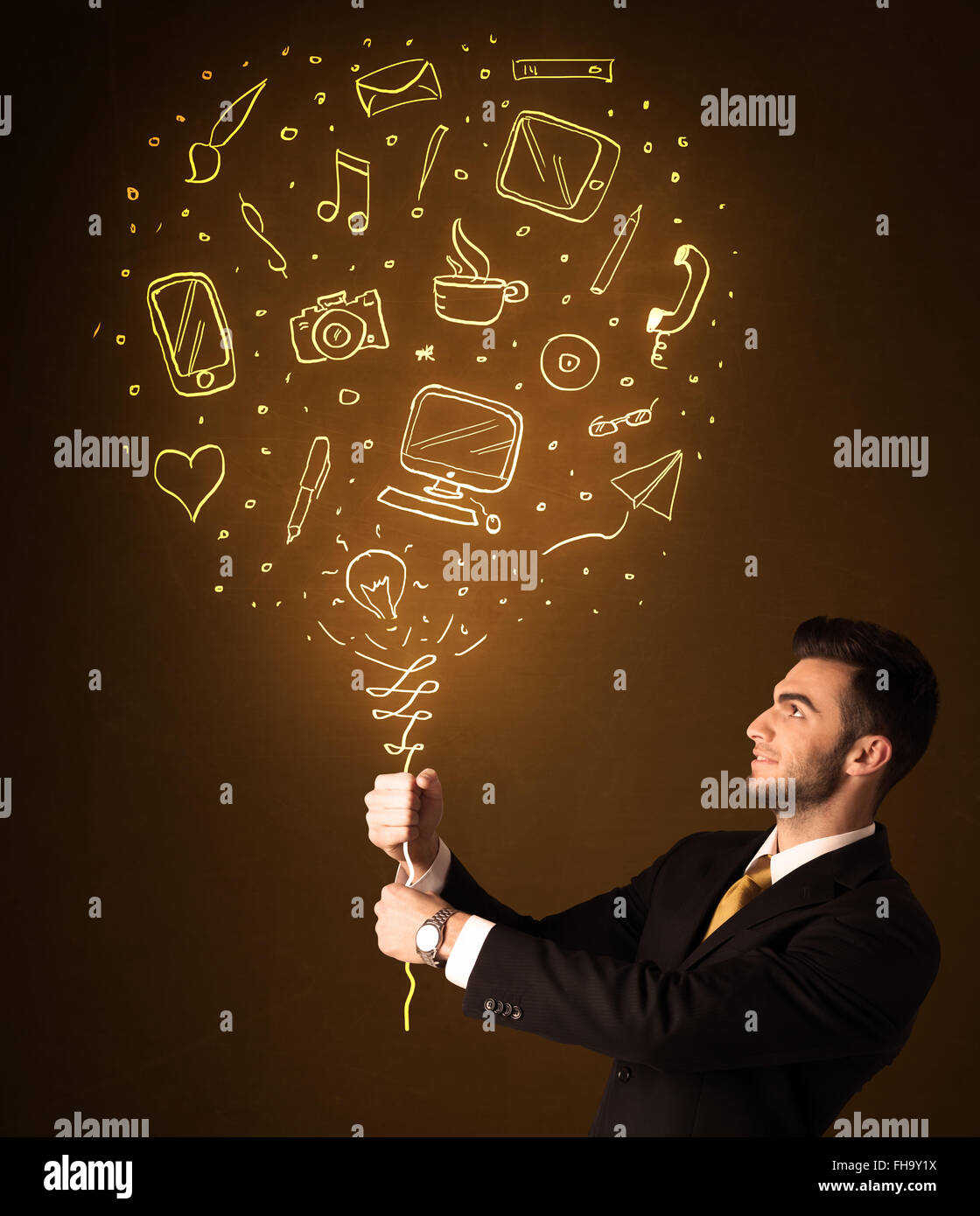 Businessman with a social media balloon Stock Photo - Alamy
