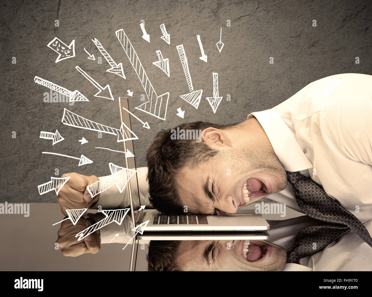 Arrows pointing at sad office worker Stock Photo - Alamy