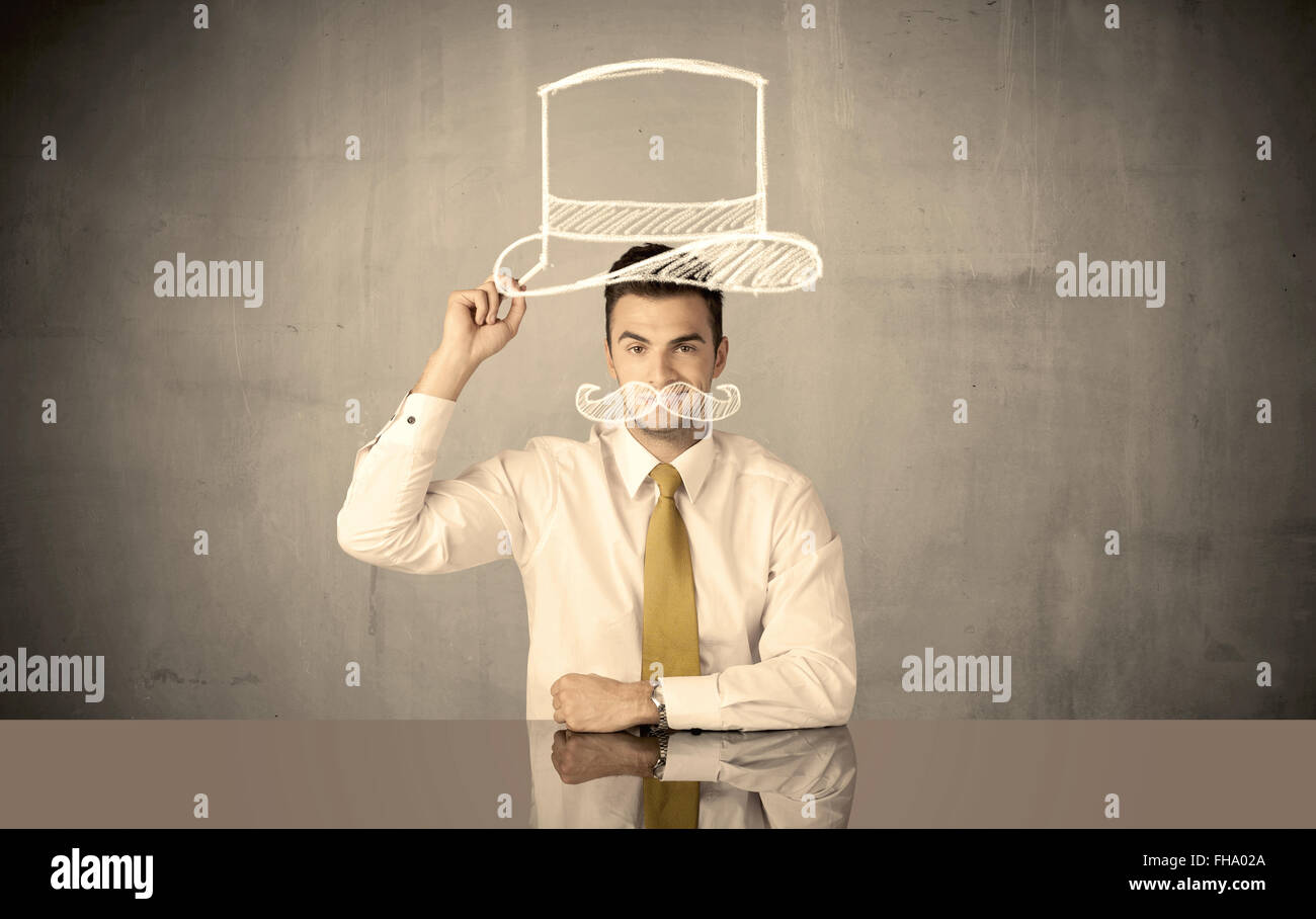 Salesman drawing hat and mustache Stock Photo - Alamy