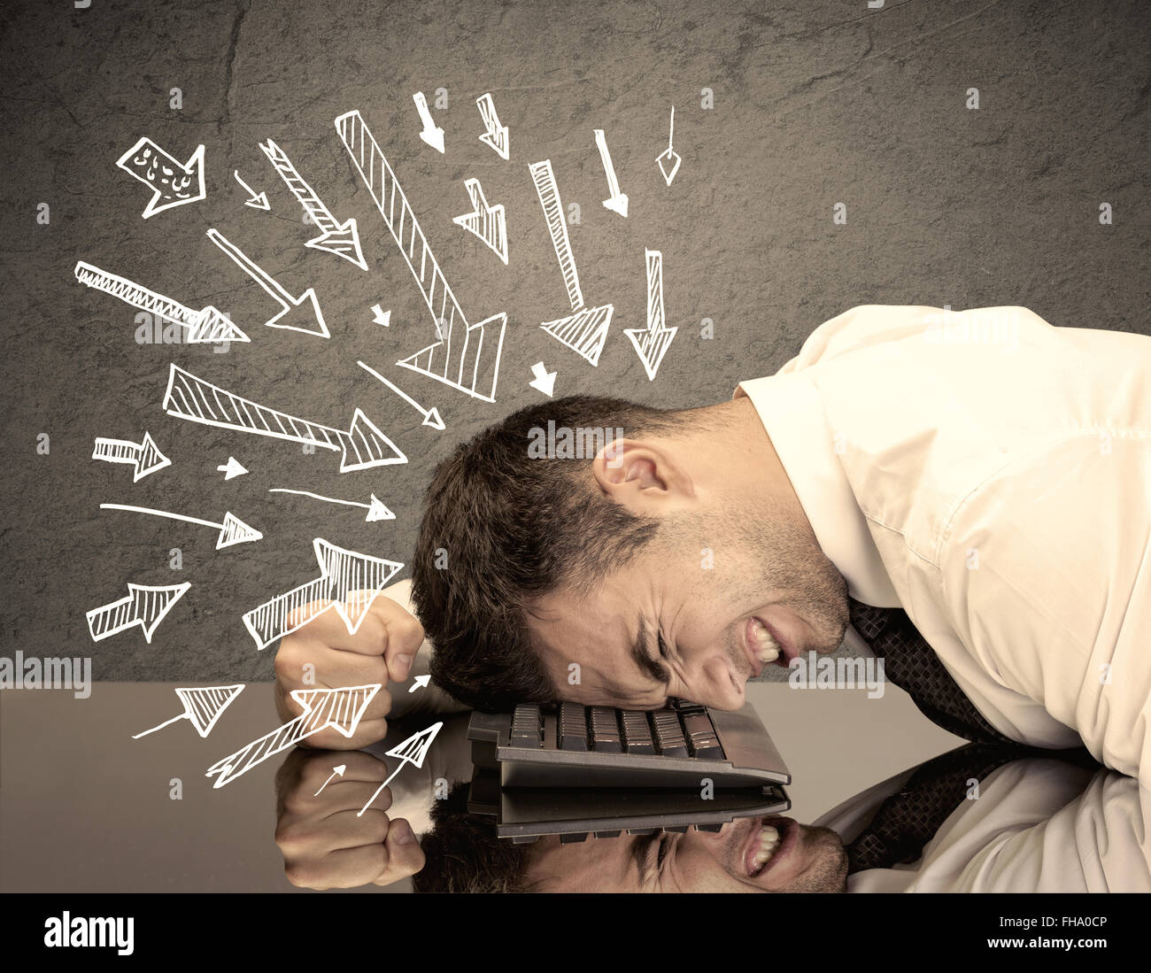 Arrows pointing at sad office worker Stock Photo - Alamy