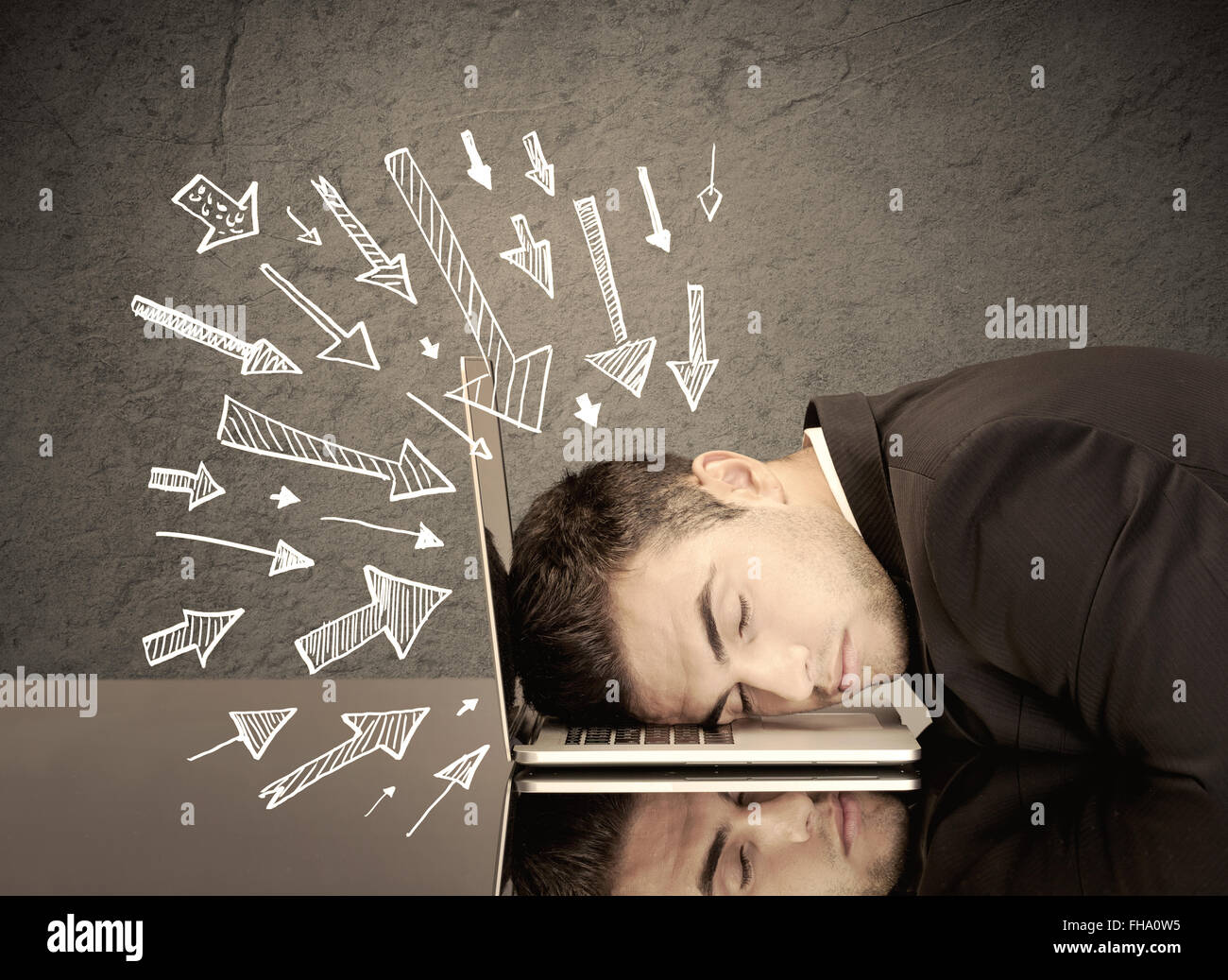 Arrows pointing at sad office worker Stock Photo - Alamy