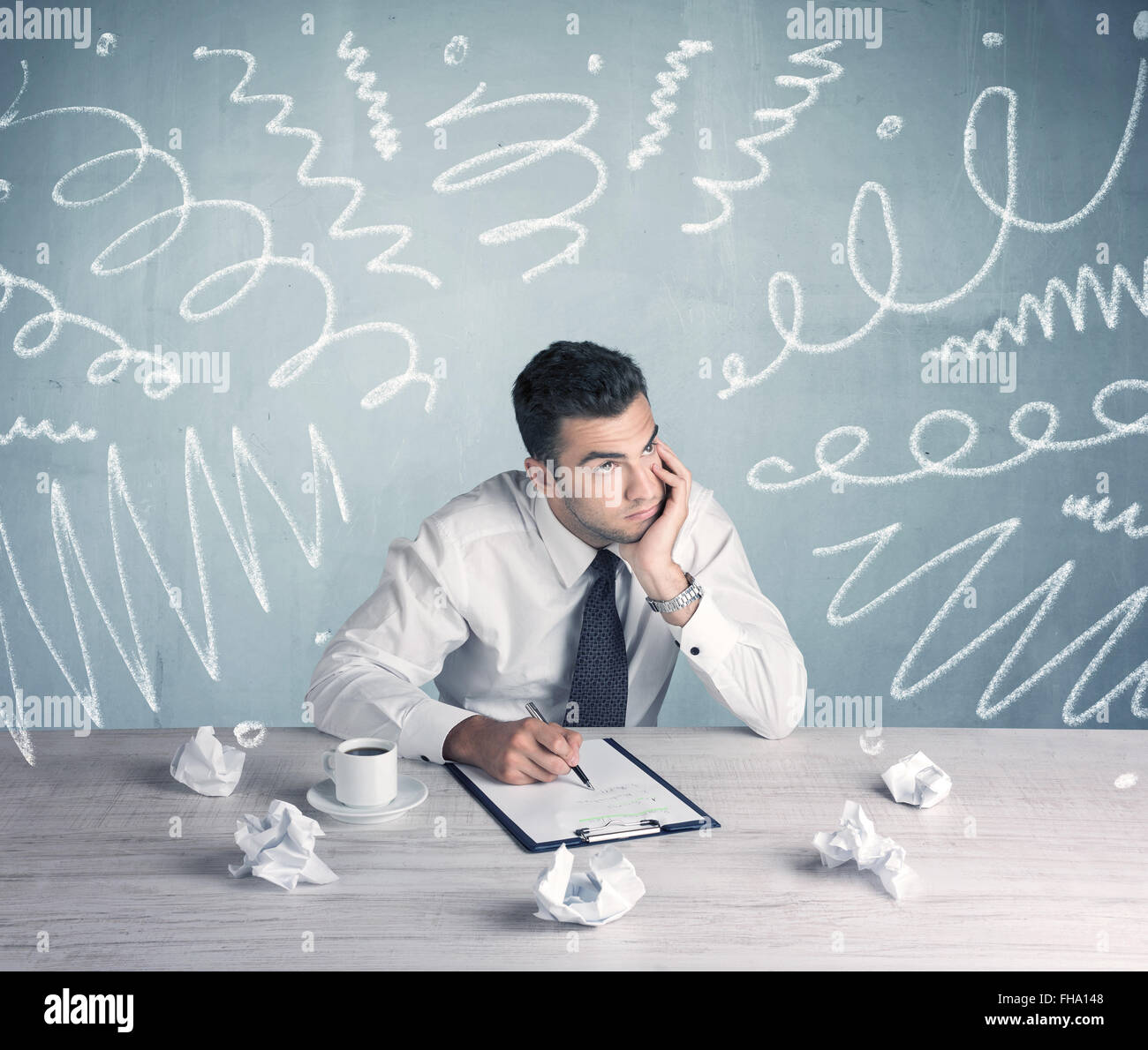 Tired office worker with drawn messy lines Stock Photo - Alamy