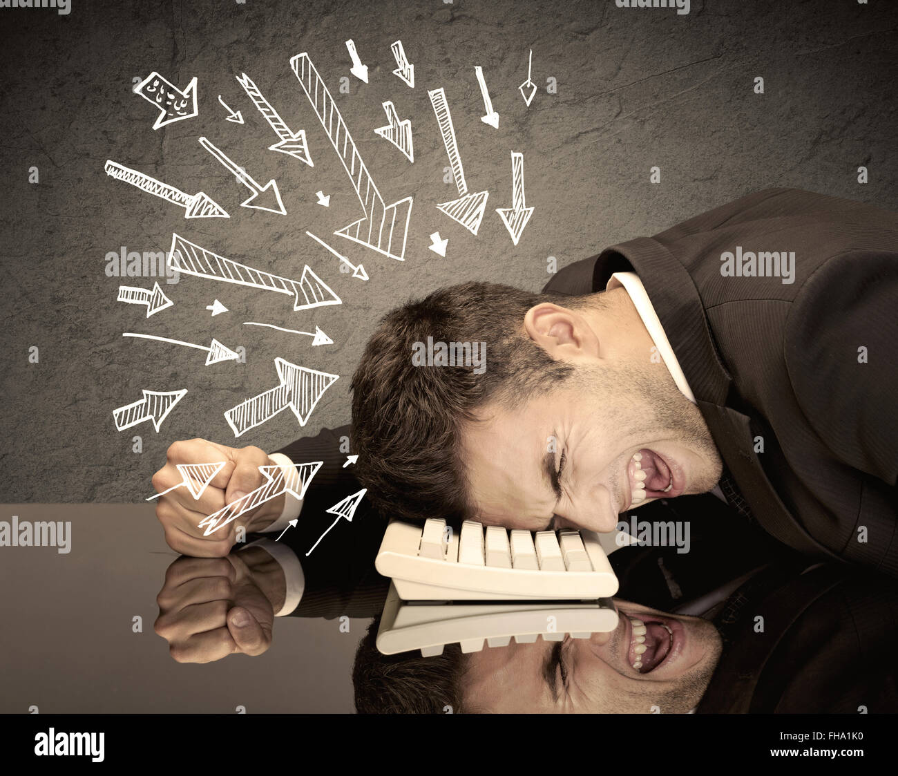 Arrows pointing at sad office worker Stock Photo - Alamy