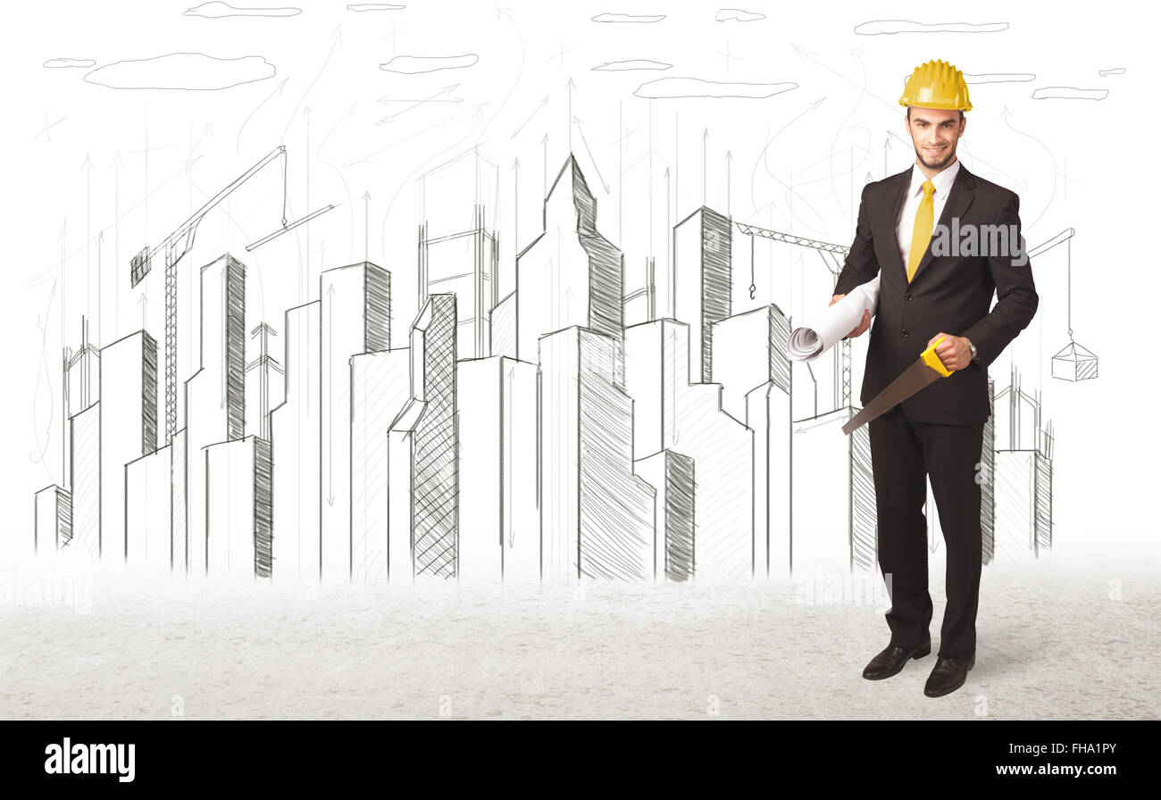 Engineer man with building city drawing in background Stock Photo - Alamy