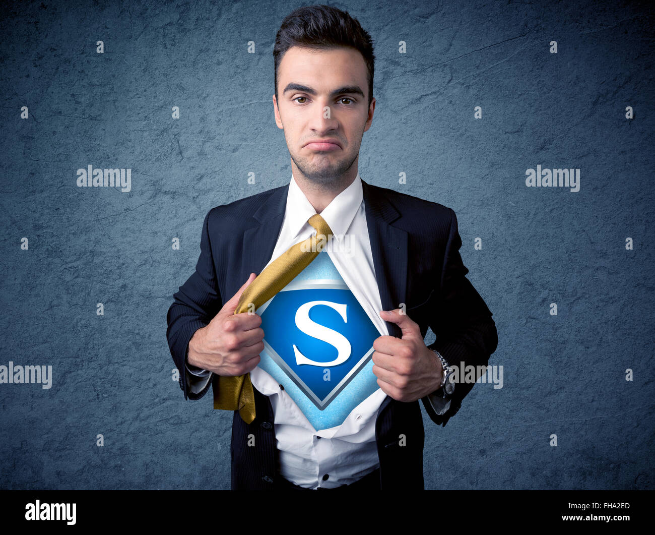 Businessman ripping off his shirt with superhero sign Stock Photo - Alamy