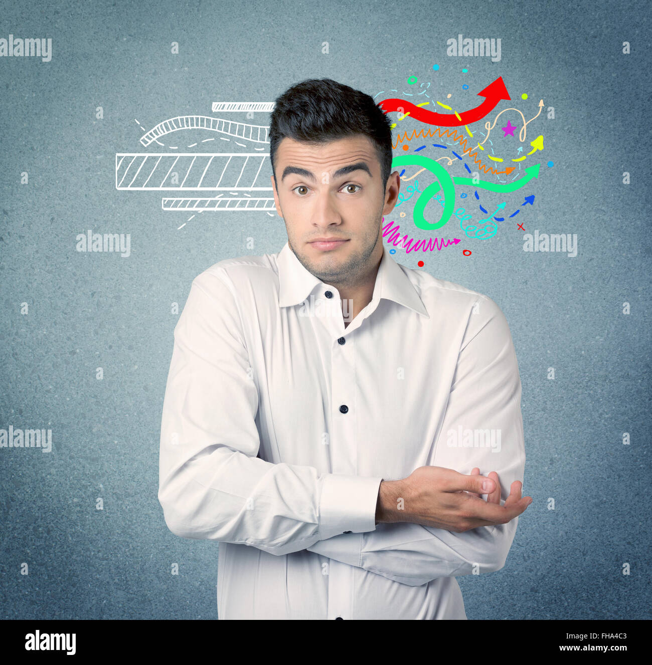 Happy creative business guy with illustration Stock Photo - Alamy