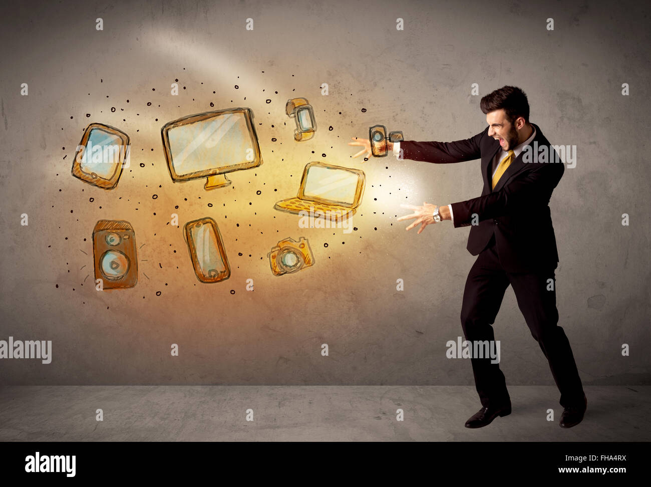 Man throwing hand drawn electronical devices Stock Photo - Alamy