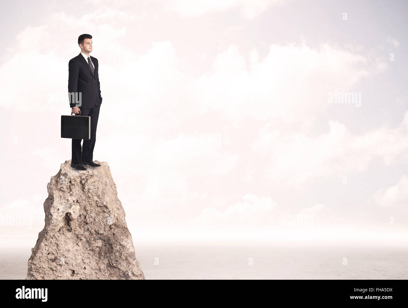 Happy businessman standing on cliff Stock Photo - Alamy
