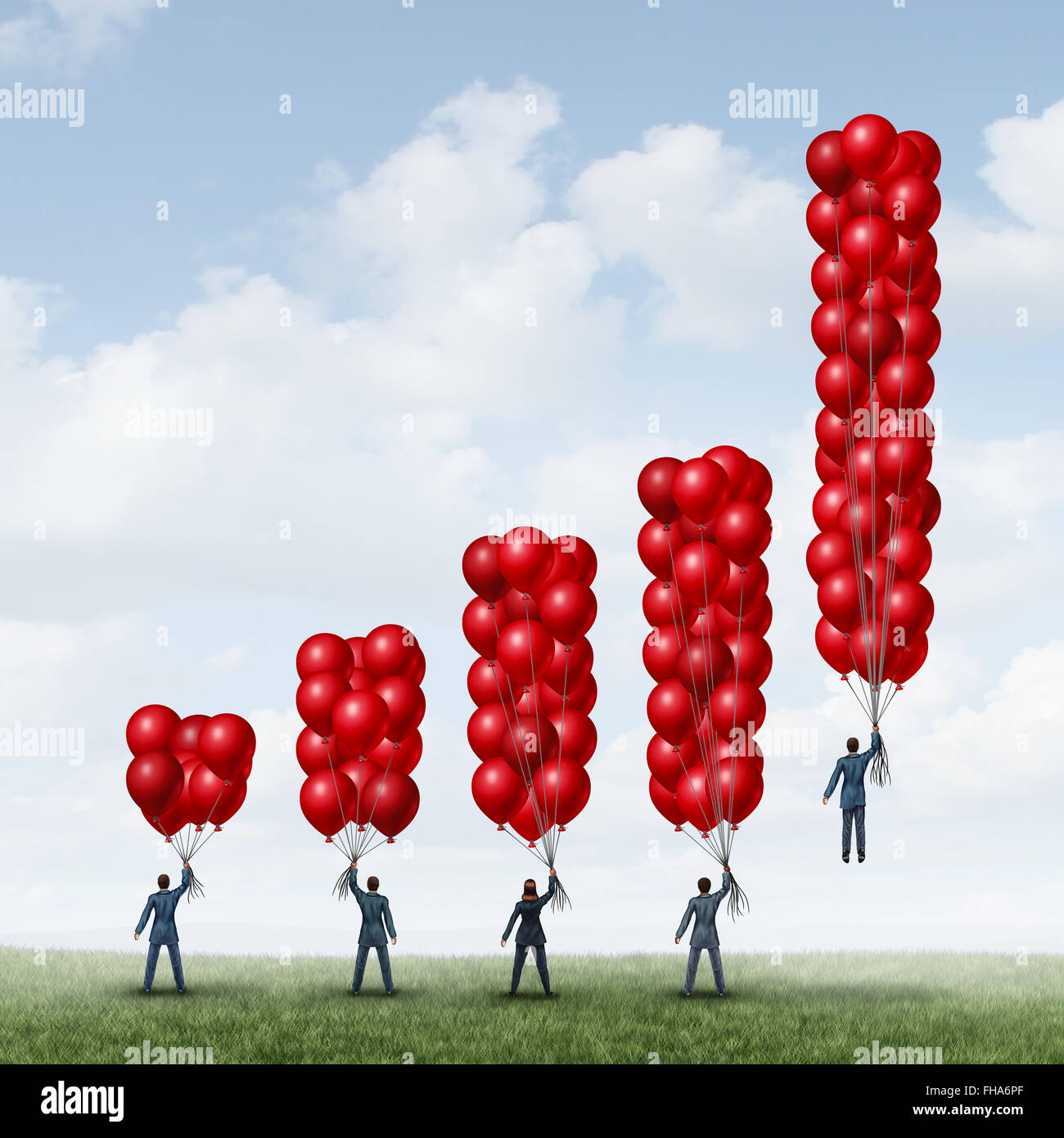 Business success graph as a group of businesspeople holding balloons ...