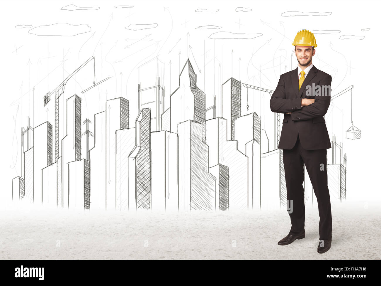 Engineer man with building city drawing in background Stock Photo - Alamy