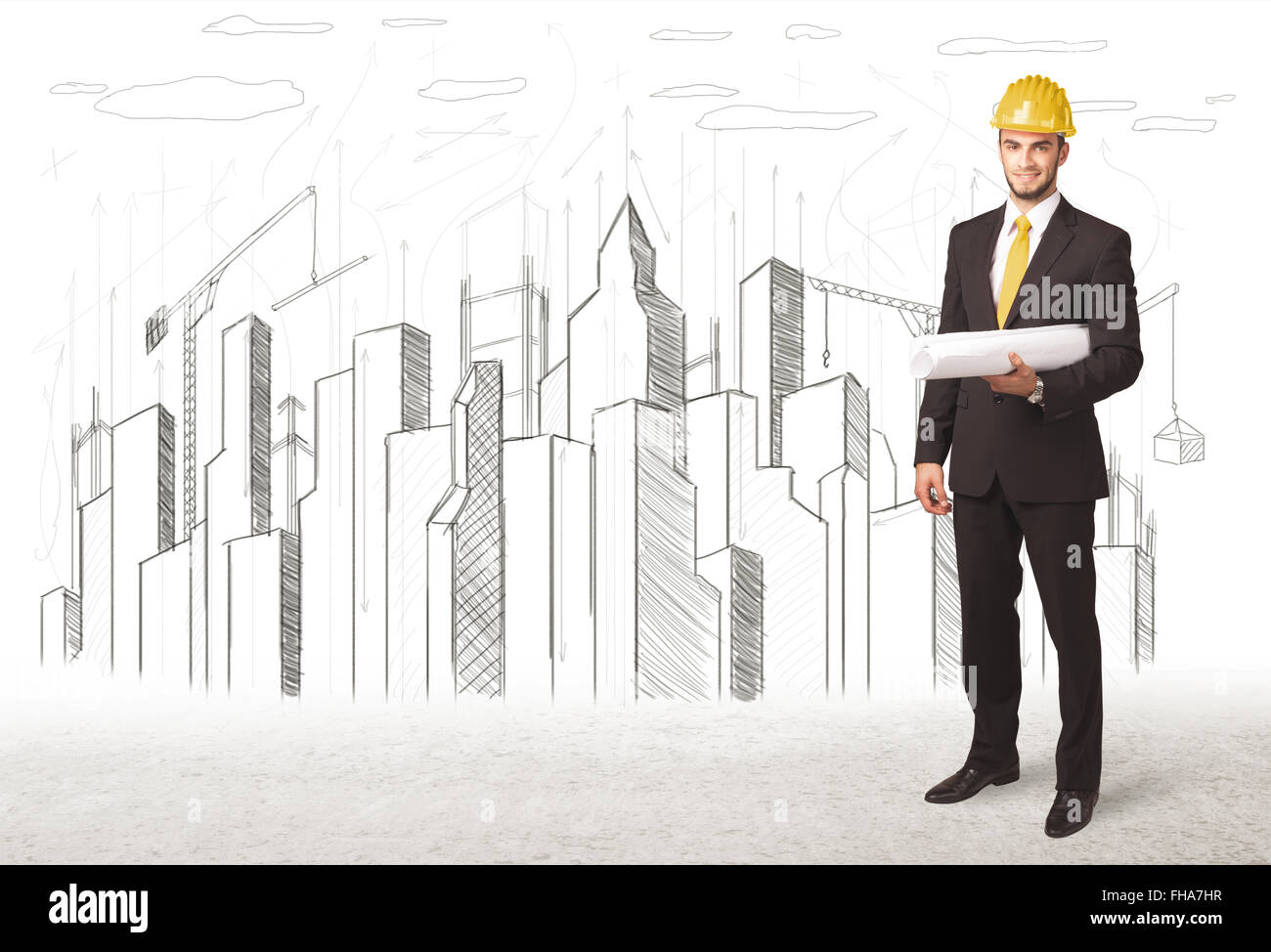 Engineer man with building city drawing in background Stock Photo - Alamy