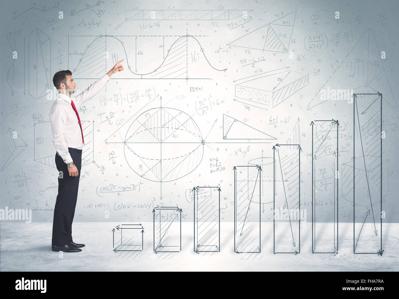 Business man climbing up on hand drawn graphs concept Stock Photo - Alamy