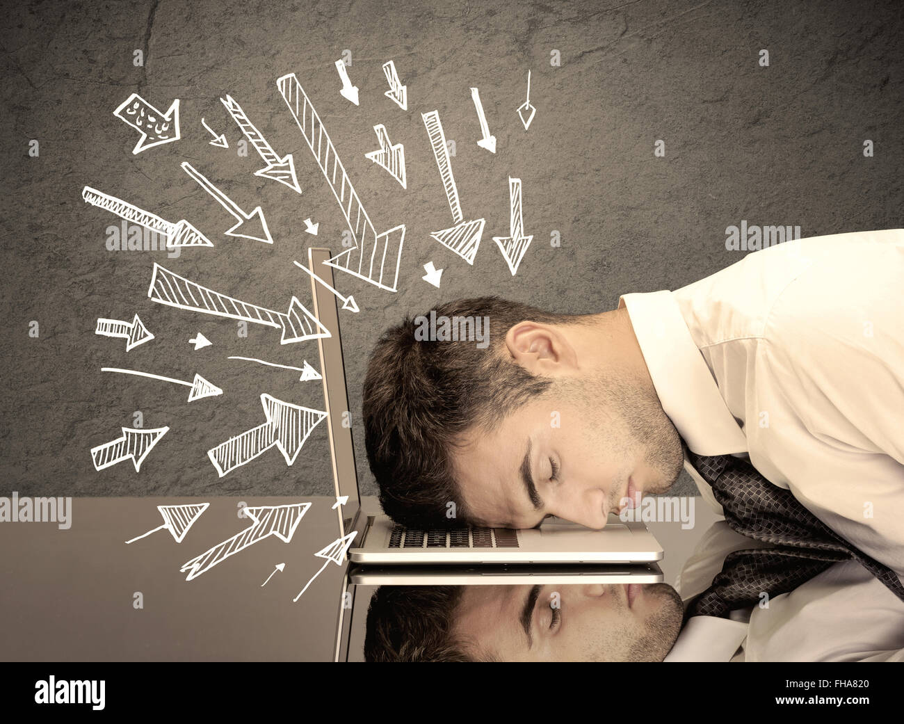Arrows pointing at sad office worker Stock Photo - Alamy