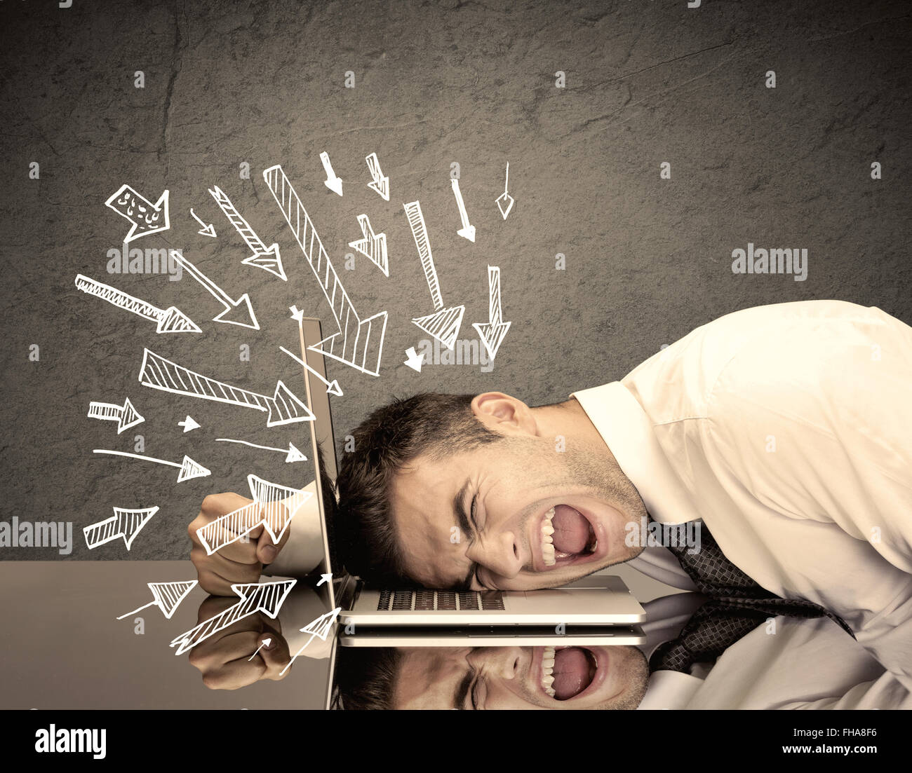 Arrows pointing at sad office worker Stock Photo - Alamy