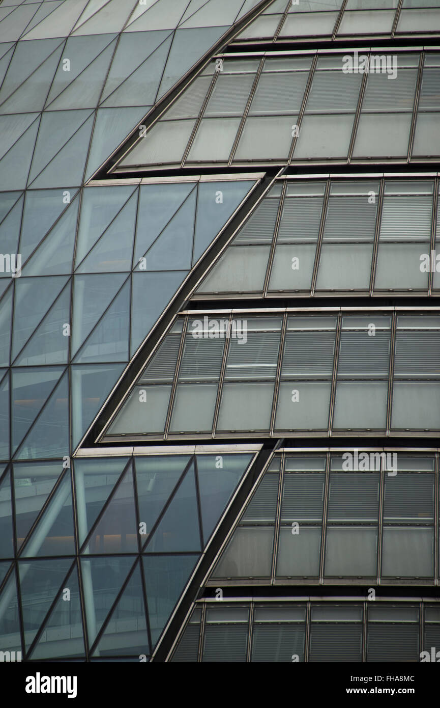 Close up of County Hall faceted rectangular and triangular glass facade ...