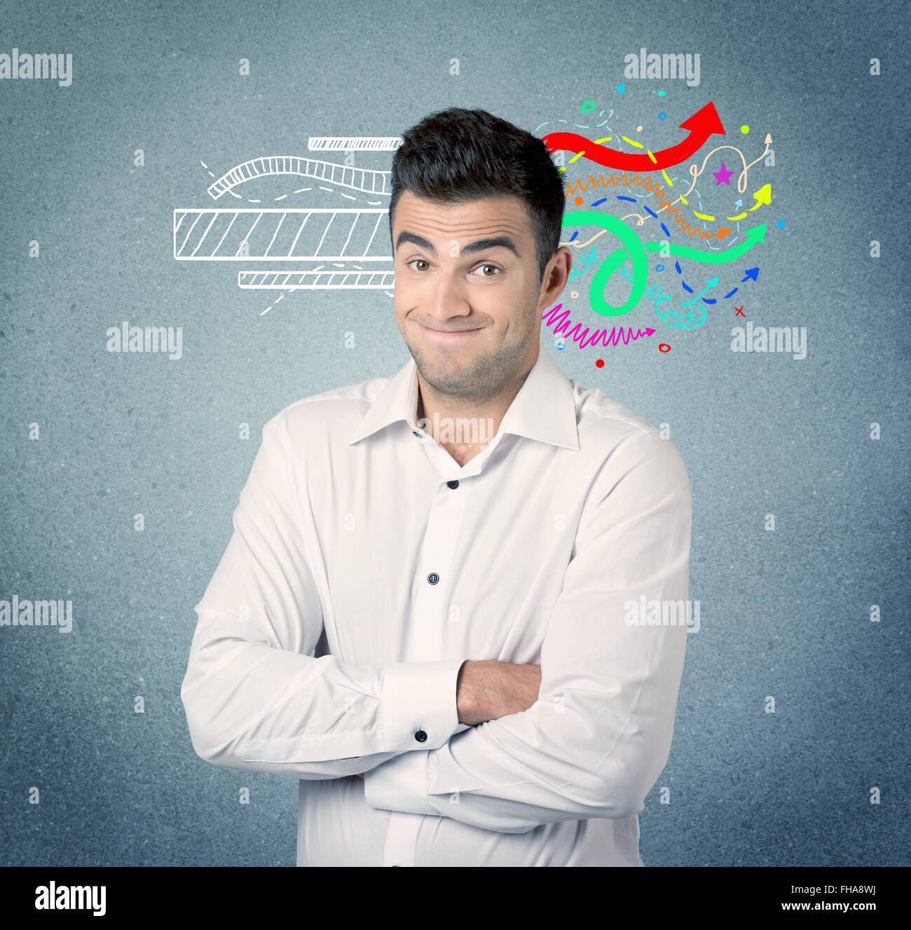 Happy creative business guy with illustration Stock Photo - Alamy