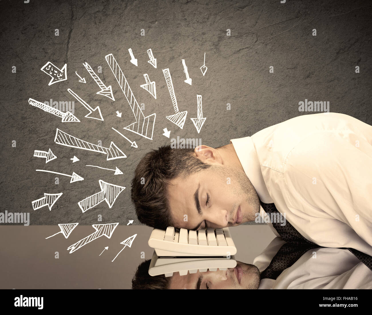 Arrows pointing at sad office worker Stock Photo - Alamy