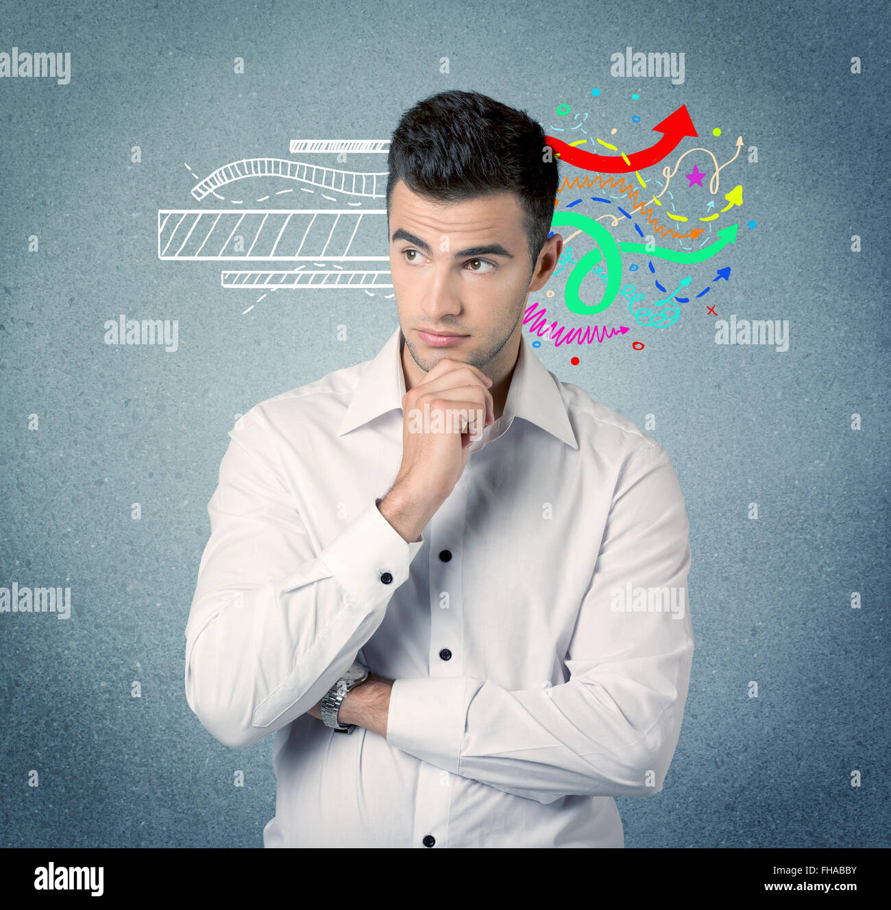 Happy creative business guy with illustration Stock Photo - Alamy