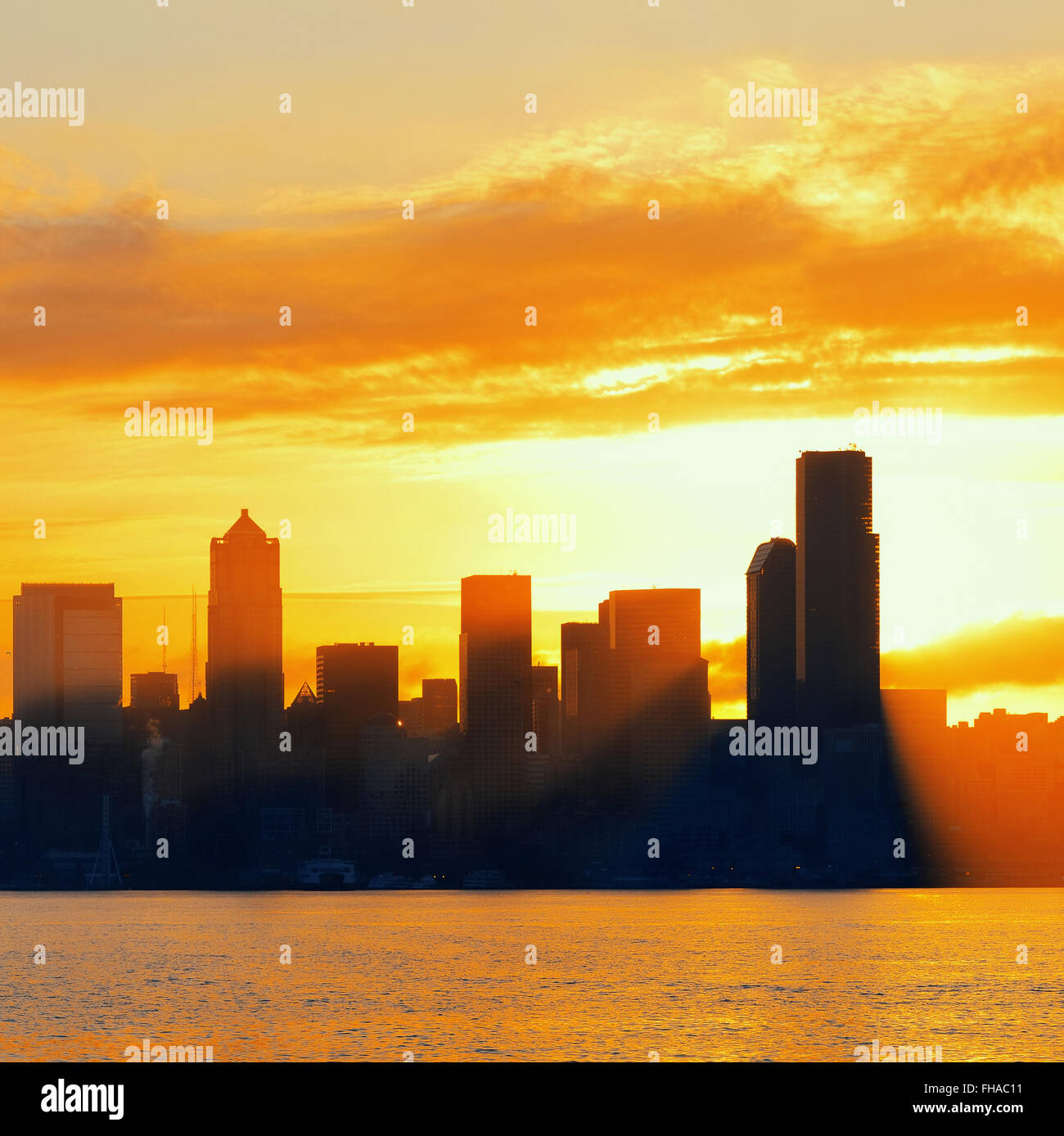 Seattle sunrise skyline silhouette view with urban office buildings ...