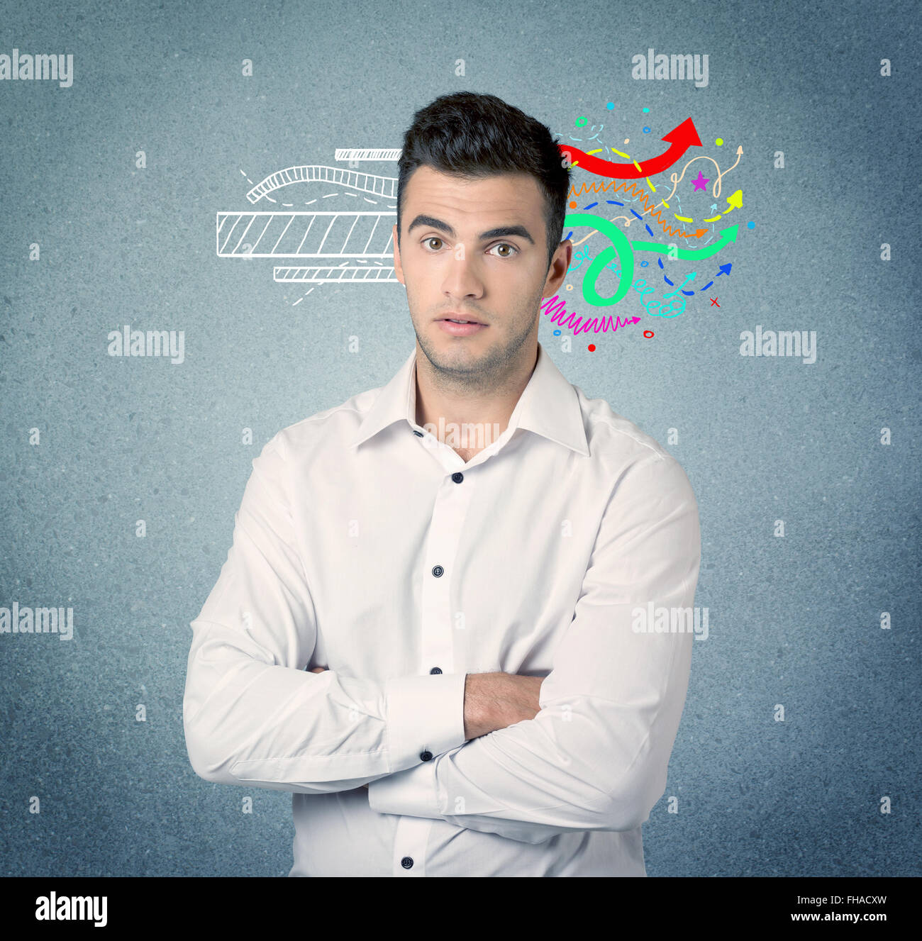 Happy creative business guy with illustration Stock Photo - Alamy