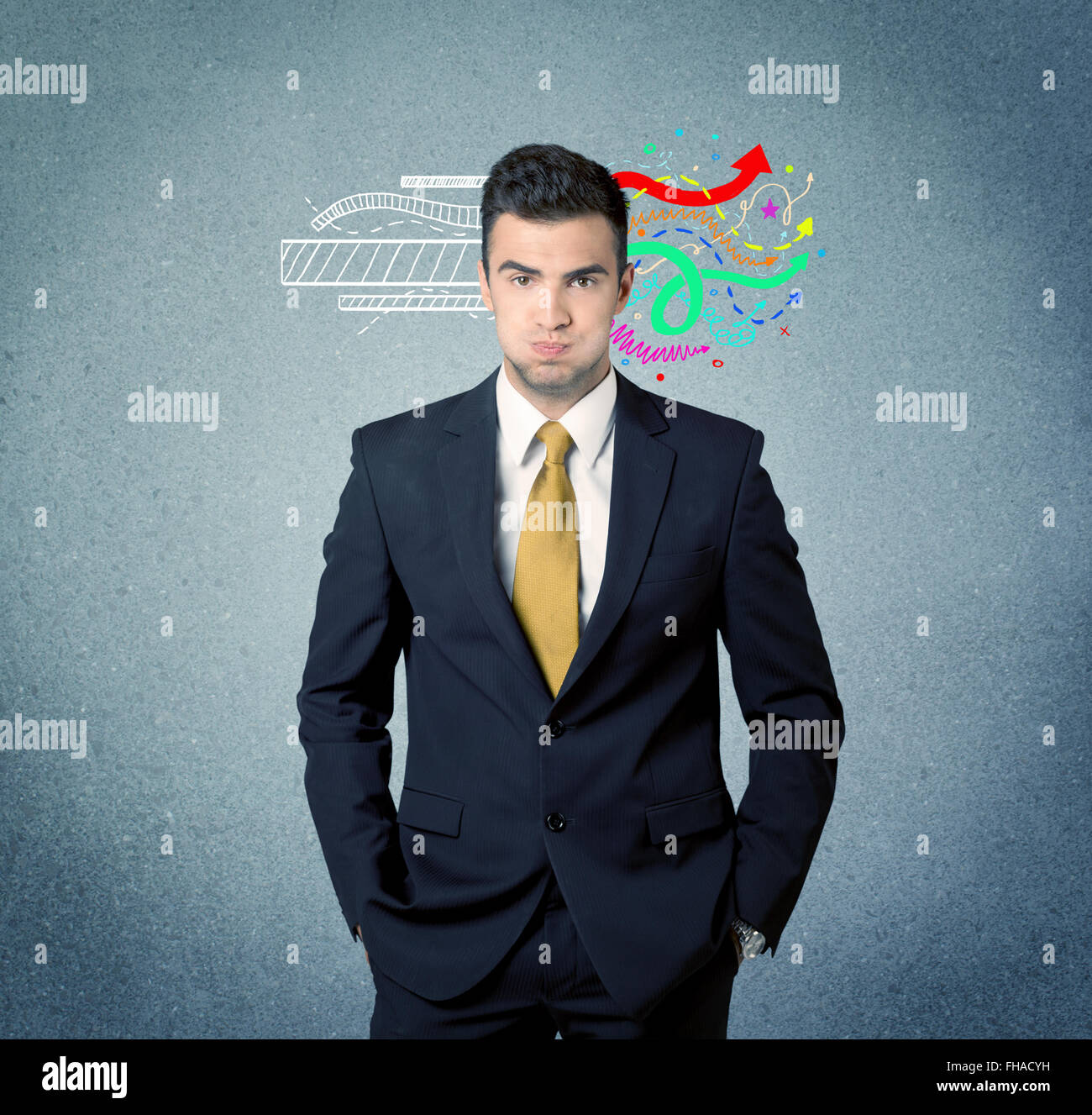 Happy creative business guy with illustration Stock Photo - Alamy