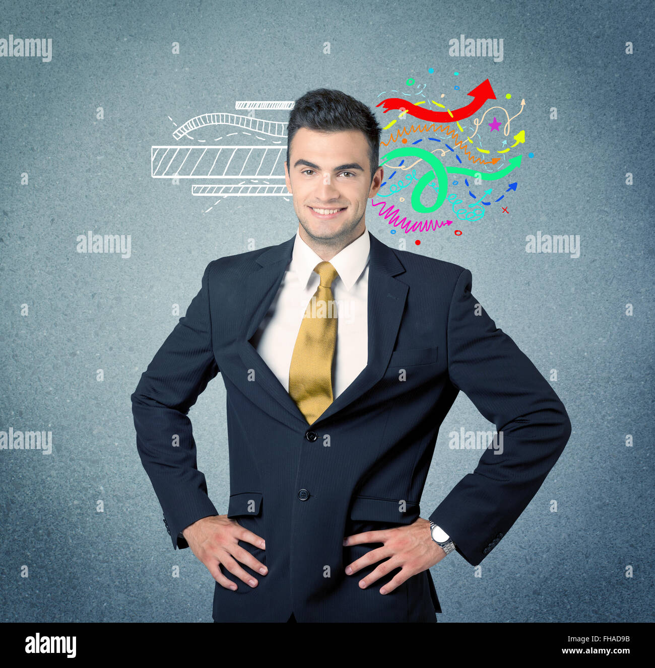 Happy creative business guy with illustration Stock Photo - Alamy