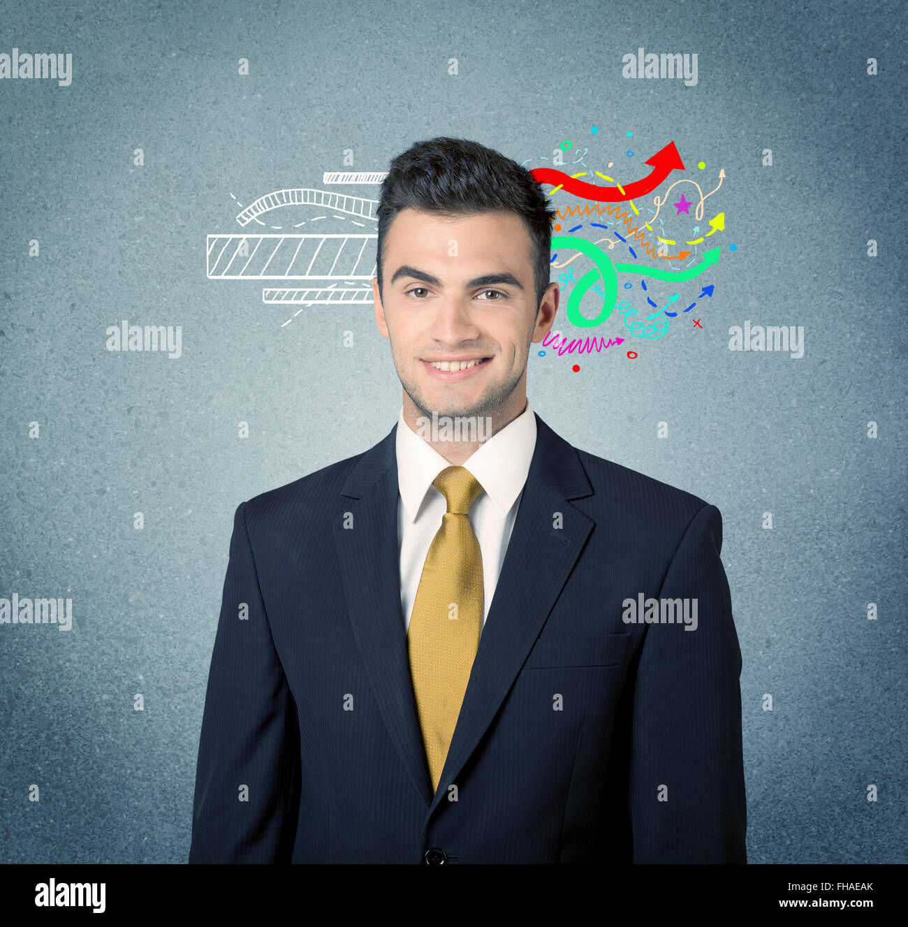 Happy creative business guy with illustration Stock Photo - Alamy