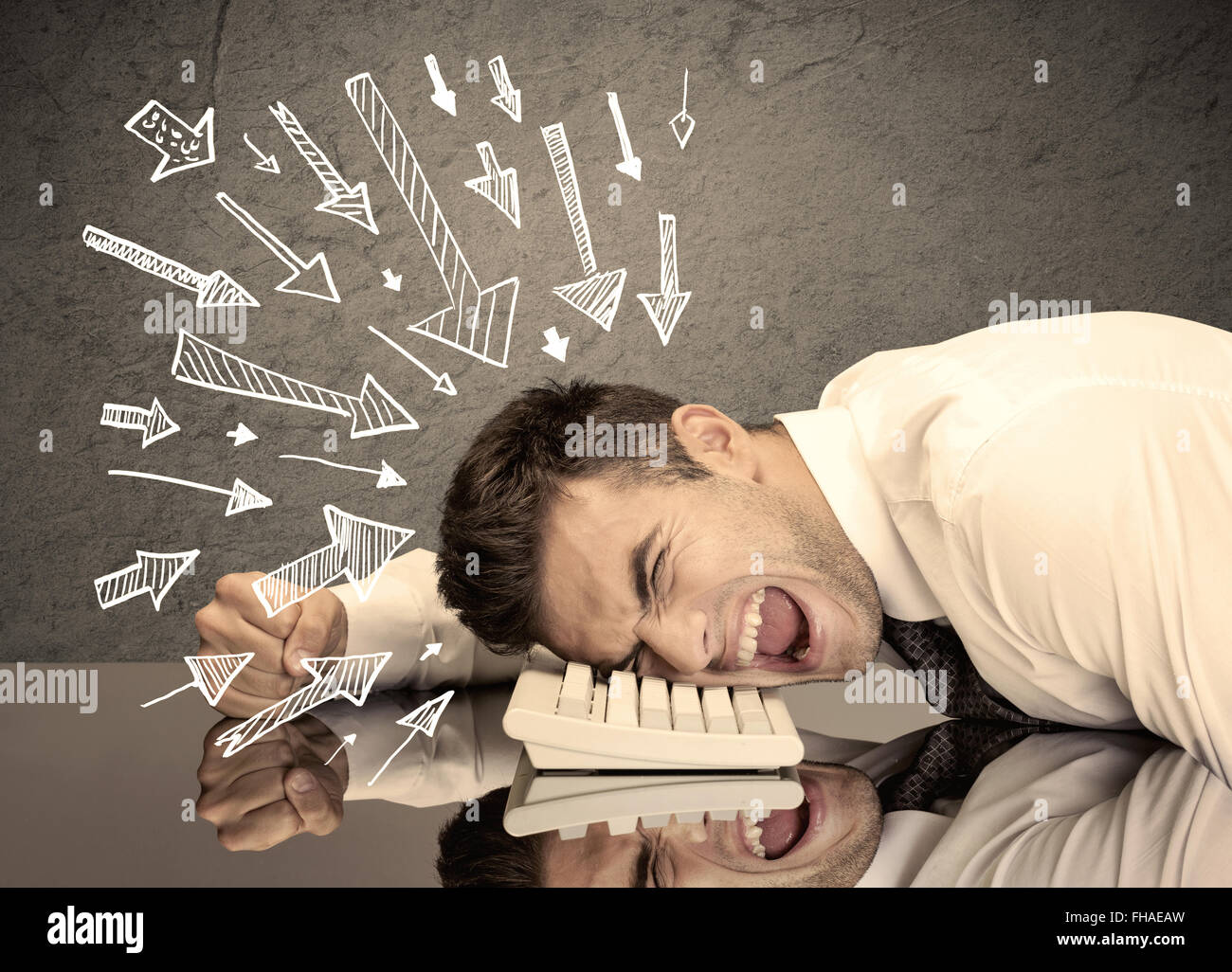 Arrows pointing at sad office worker Stock Photo - Alamy