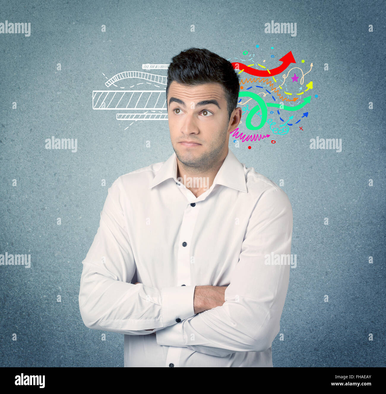 Happy creative business guy with illustration Stock Photo - Alamy