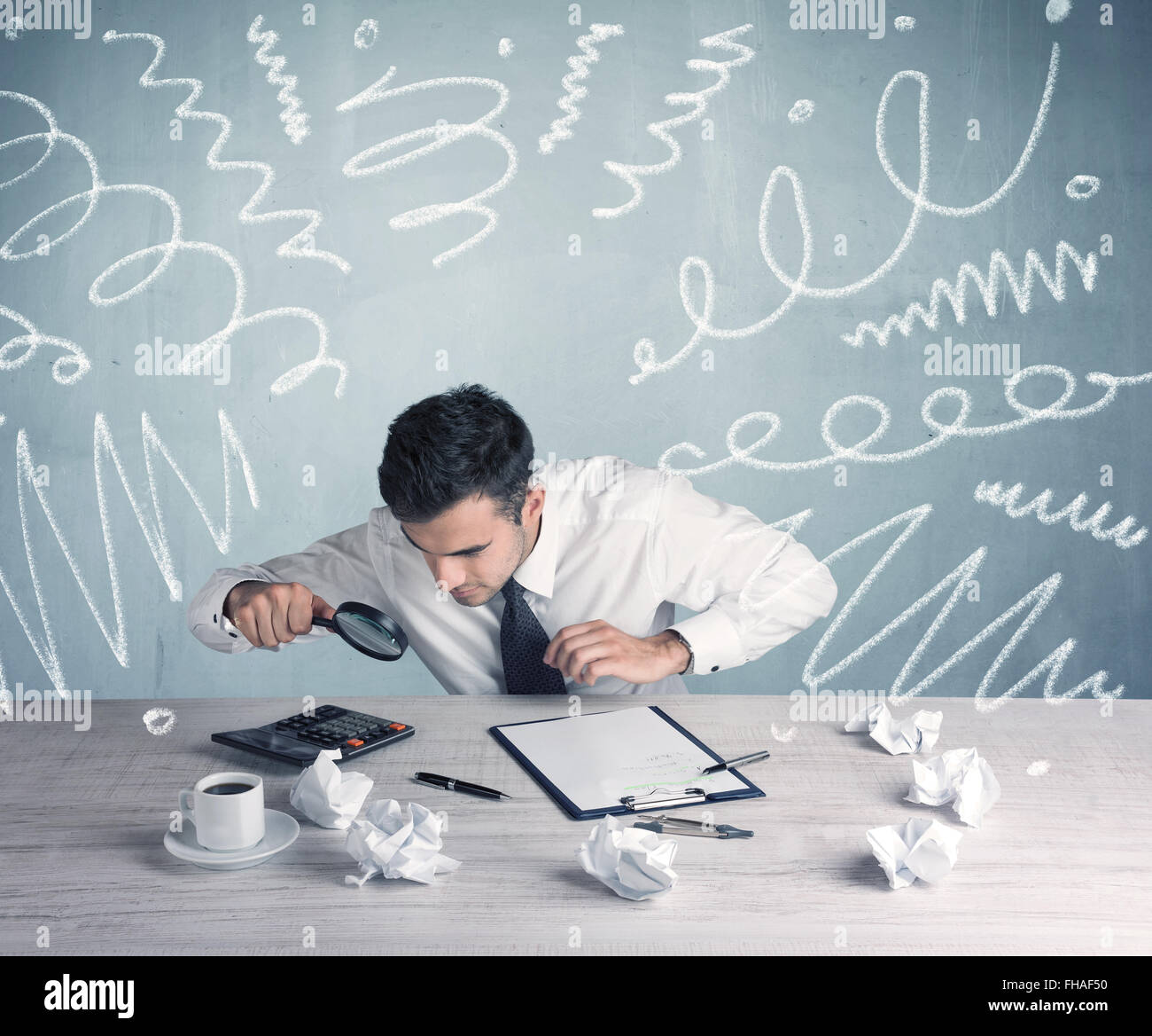 Tired office worker with drawn messy lines Stock Photo - Alamy