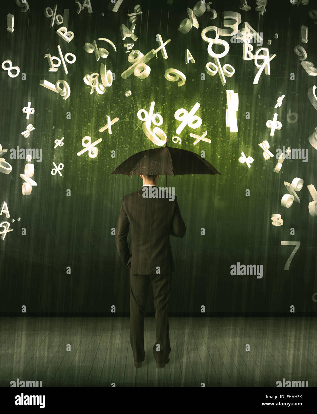 Businessman standing with umbrella and 3d numbers raining concept Stock ...