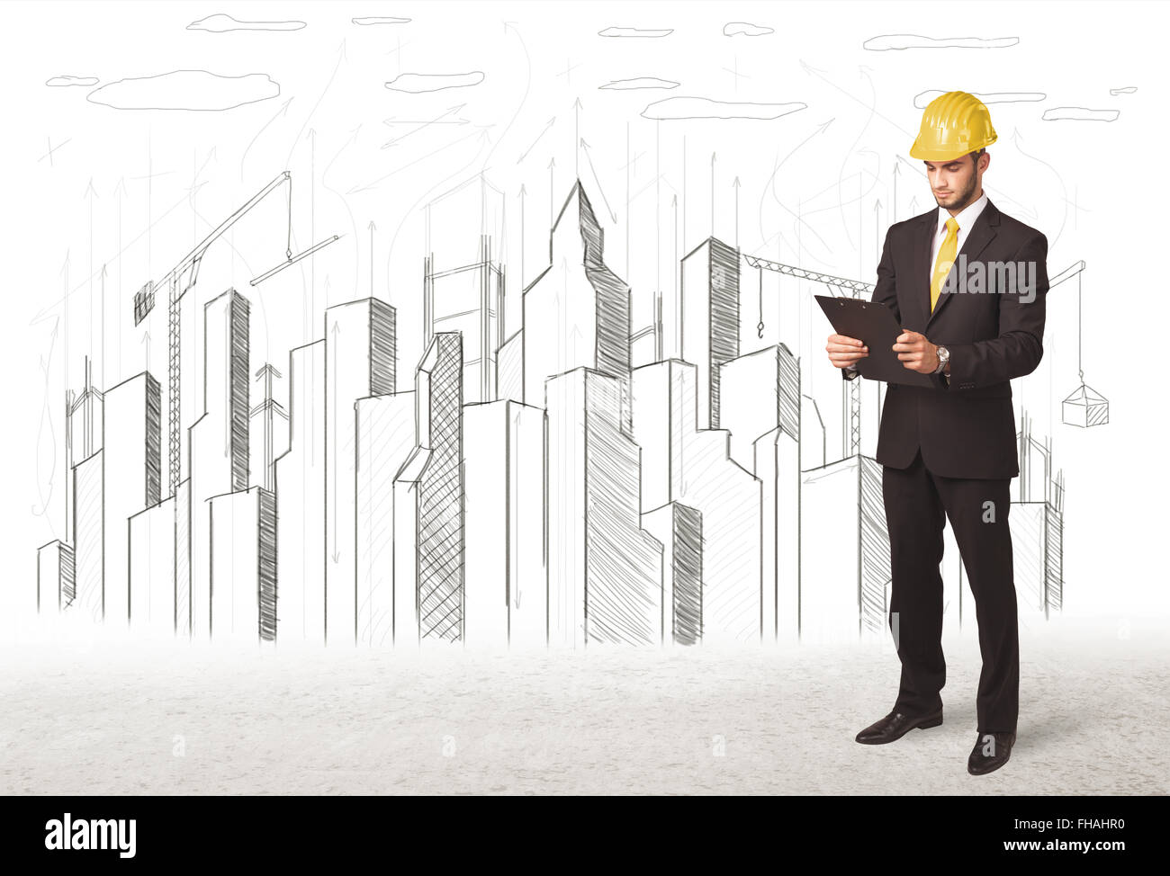 Engineer man with building city drawing in background Stock Photo - Alamy